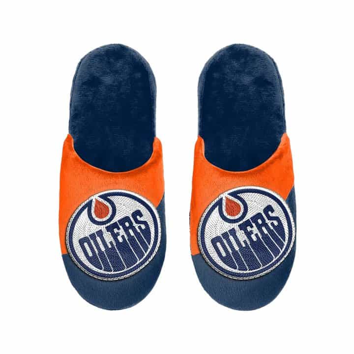 Adult Edmonton Oilers FOCO Navy/Orange Color Block Big Logo Slipper ...