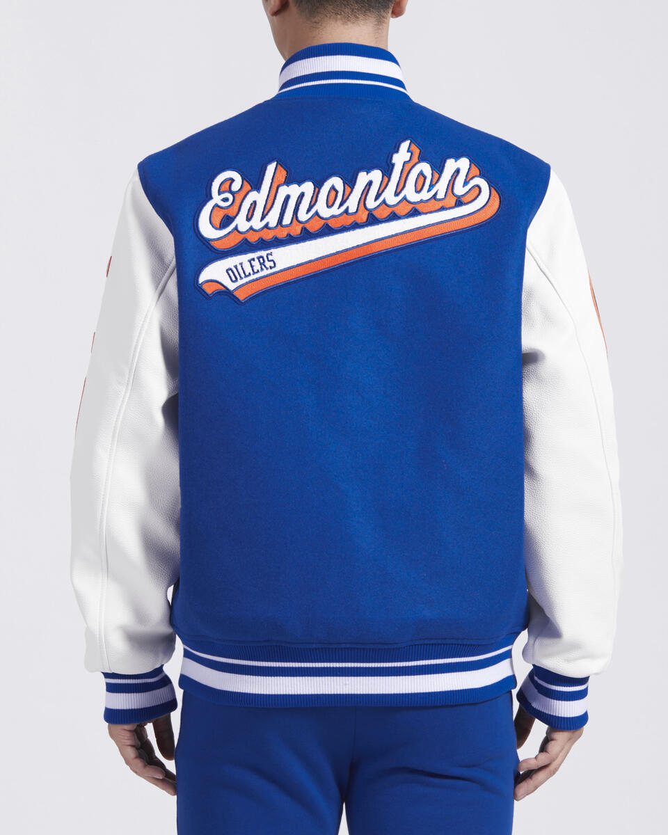 Men's Edmonton Oilers Pro Standard Script Tail Wool Varsity Jacket ...