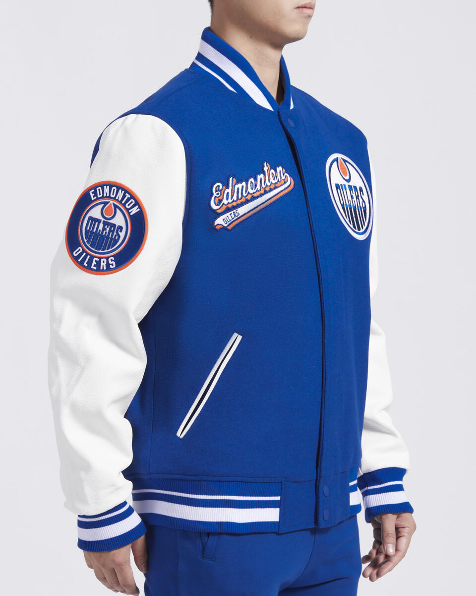 Men's Edmonton Oilers Pro Standard Script Tail Wool Varsity Jacket ...