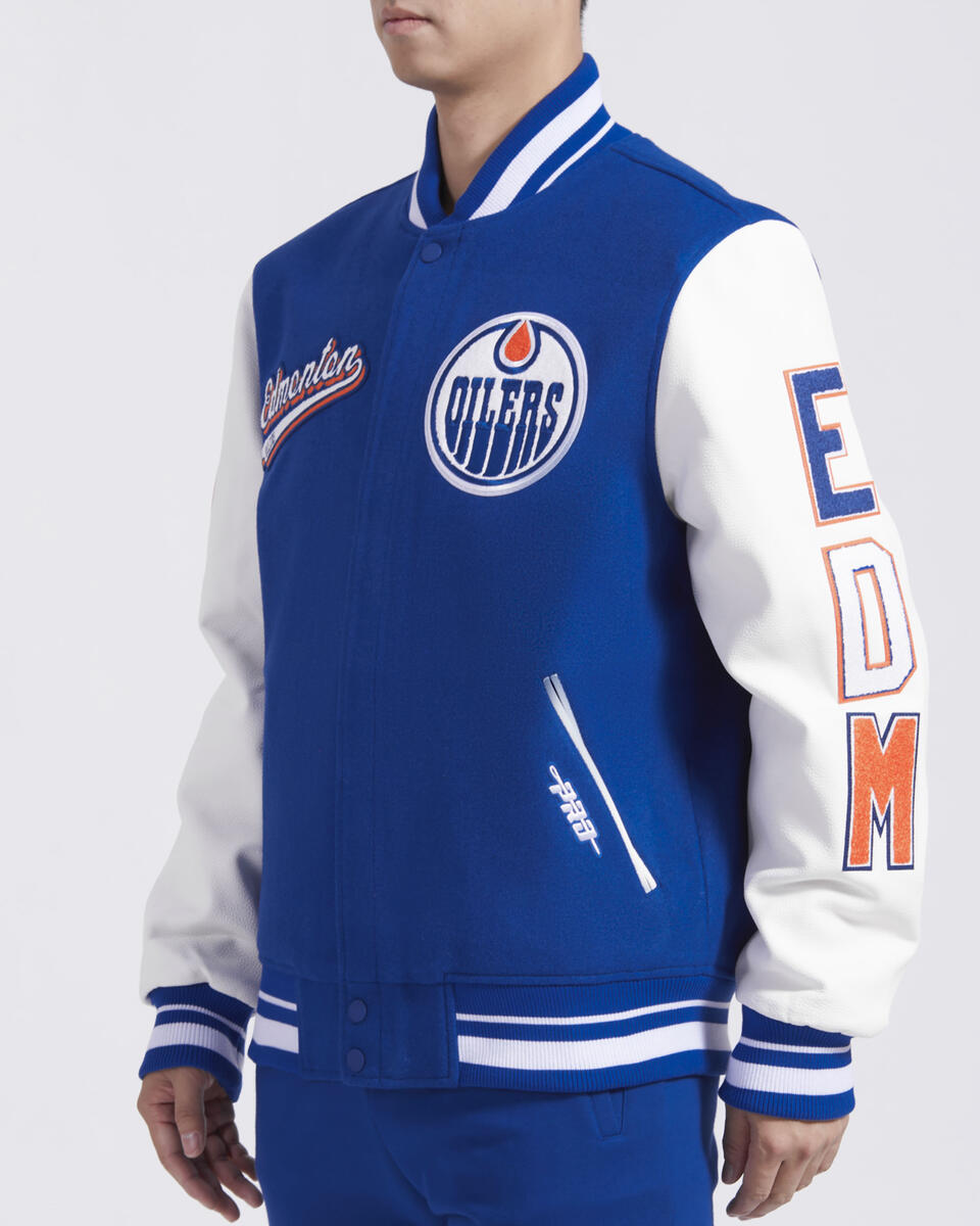 Men's Edmonton Oilers Pro Standard Script Tail Wool Varsity Jacket ...