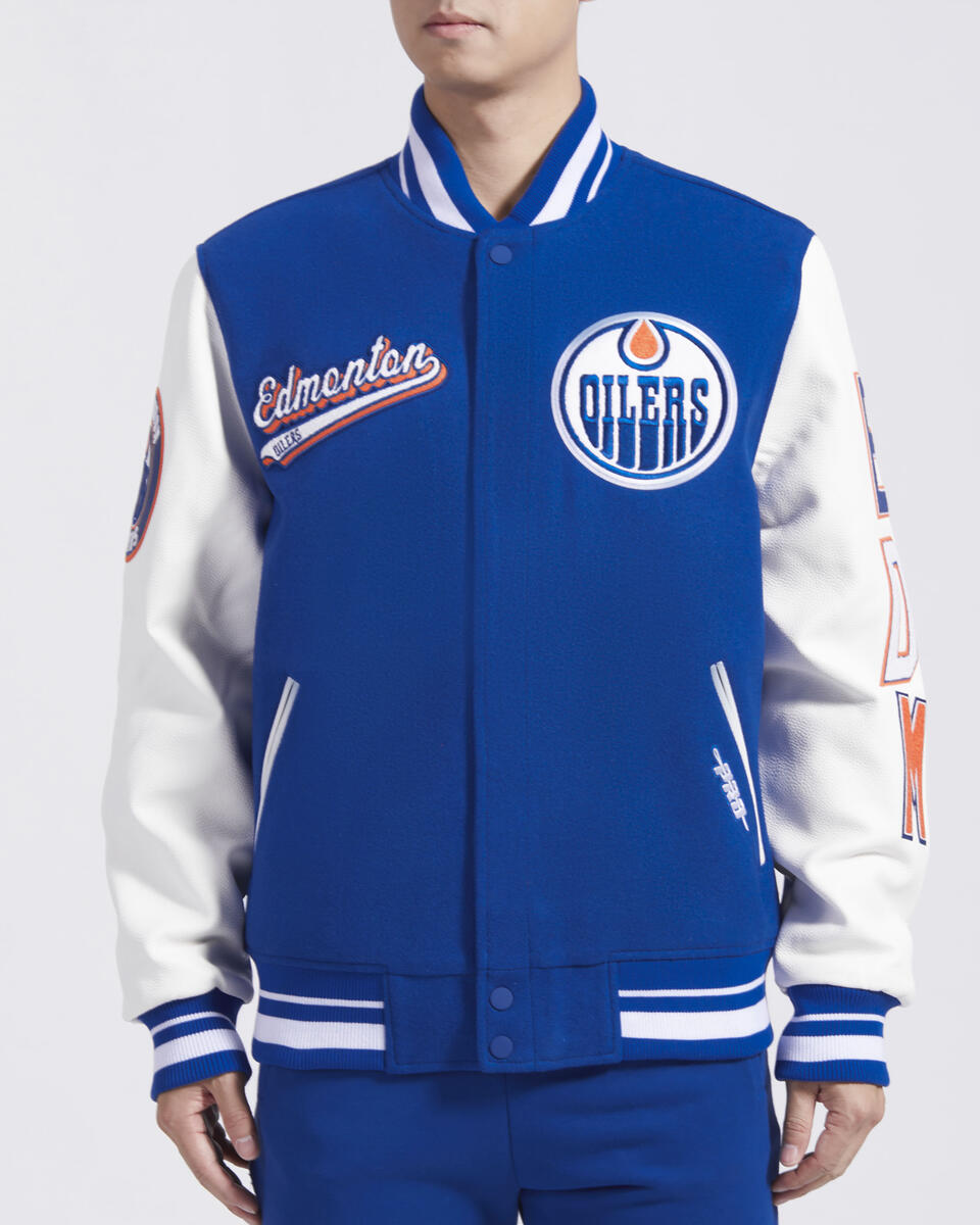 Men's Edmonton Oilers Pro Standard Script Tail Wool Varsity Jacket ...