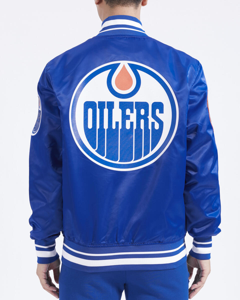 Men's Edmonton Oilers Pro Standard Script Tail Satin Varsity Jacket ...