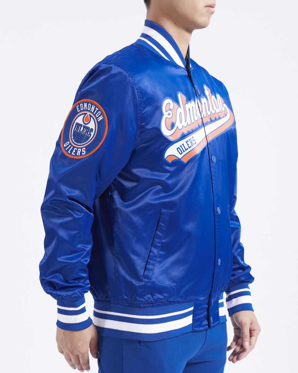 Men's Edmonton Oilers Pro Standard Script Tail Satin Varsity Jacket ...