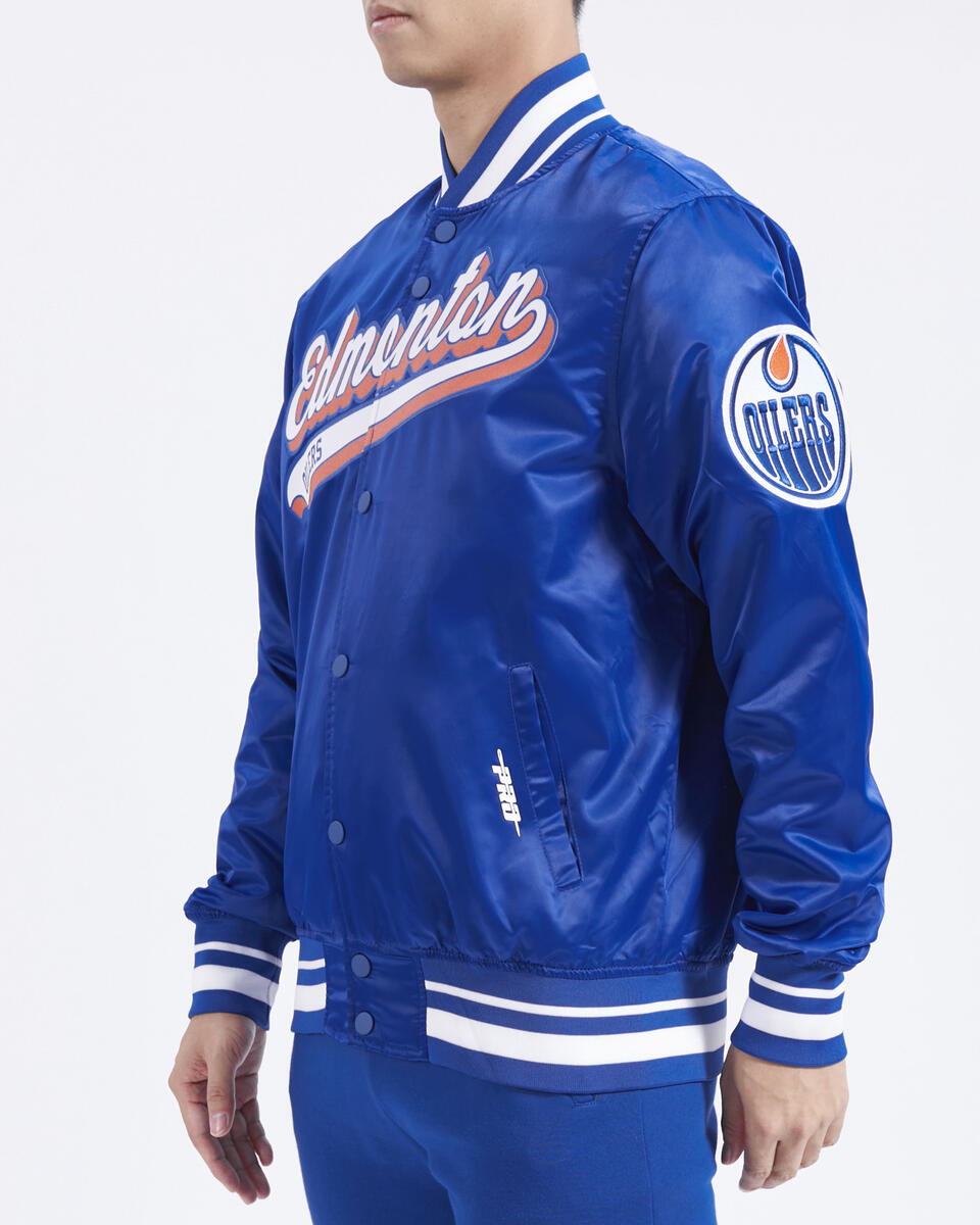 Men's Edmonton Oilers Pro Standard Script Tail Satin Varsity Jacket ...