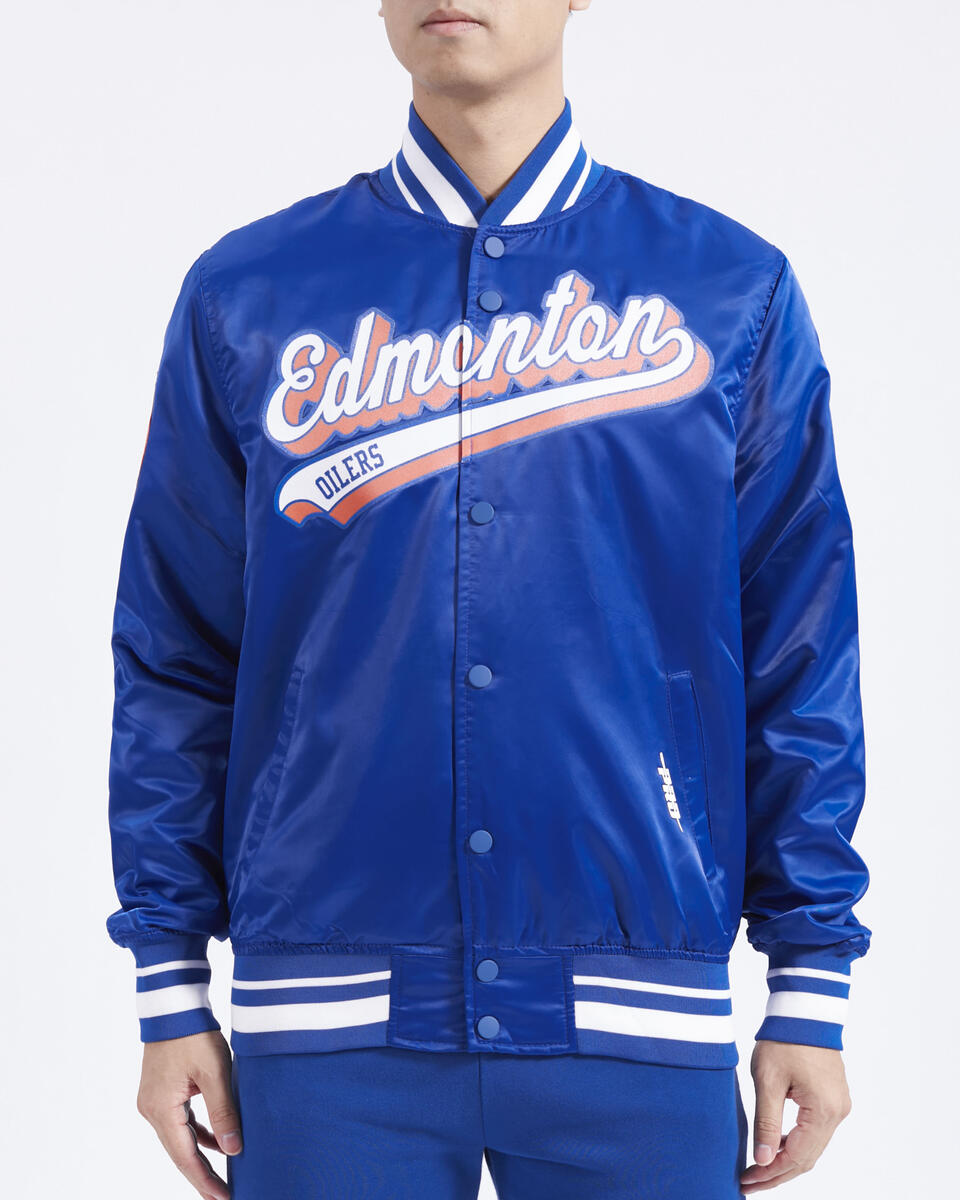 Men's Edmonton Oilers Pro Standard Script Tail Satin Varsity Jacket ...