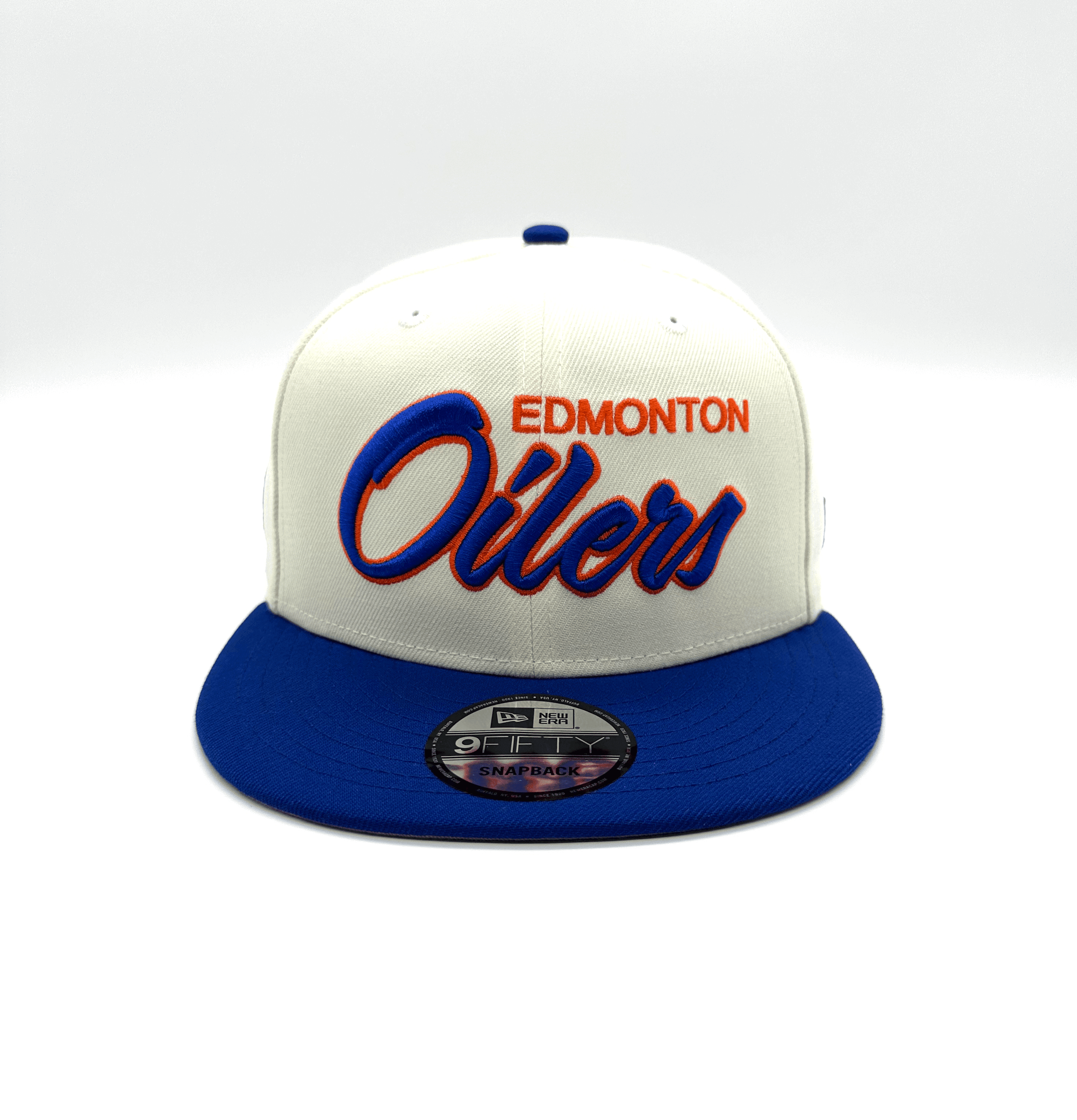 Edmonton Oilers New Era Script 9FIFTY Snapback Hat - Cream/Royal ...