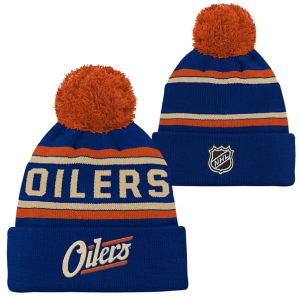 Youth Edmonton Oilers Alternate Logo Jacquard Cuffed Knit Hat with Pom ...